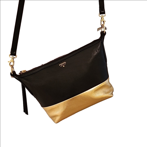 Fossil | Bags | Fossil Black Bright Gold Leather Crossbody Bag With ...